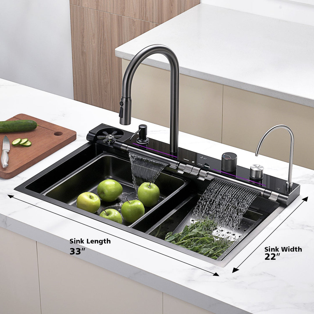 Lefton 33x22 Inch Waterfall Kitchen Sink with Temperature Display ...